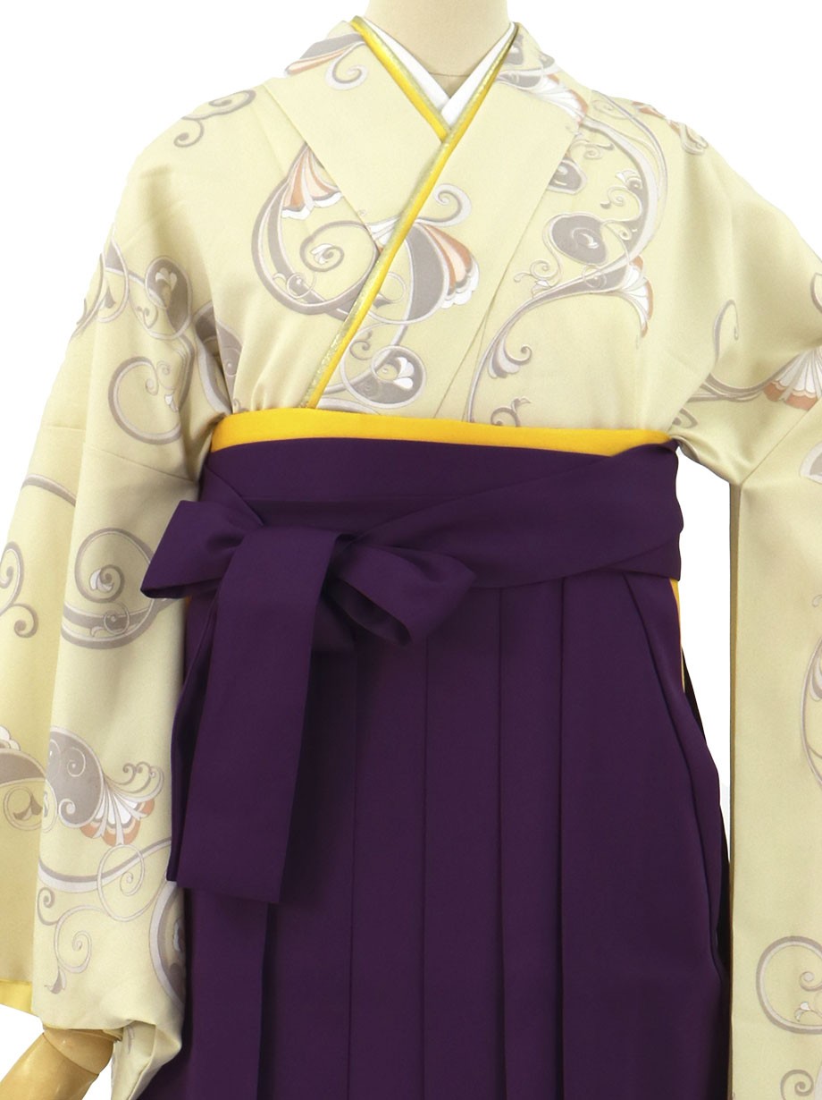 淡黄色地に蔦模様・紫袴（無地） （二尺袖）／卒業式 | 宅配着物