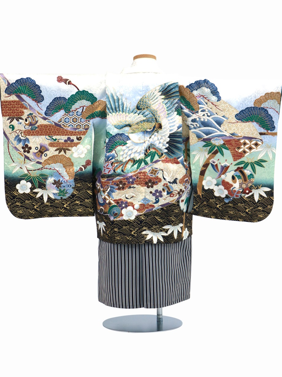 白地に鷹と松、黒縞の袴／小さめサイズ／七五三・五歳男の子・袴 | 宅配着物レンタルの京都かしきもの