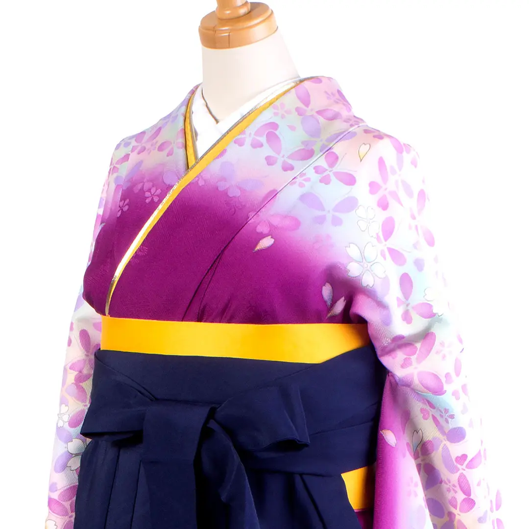 紫色地に蝶と桜・紺袴（刺繍） （二尺袖）／卒業式 | 宅配着物レンタル